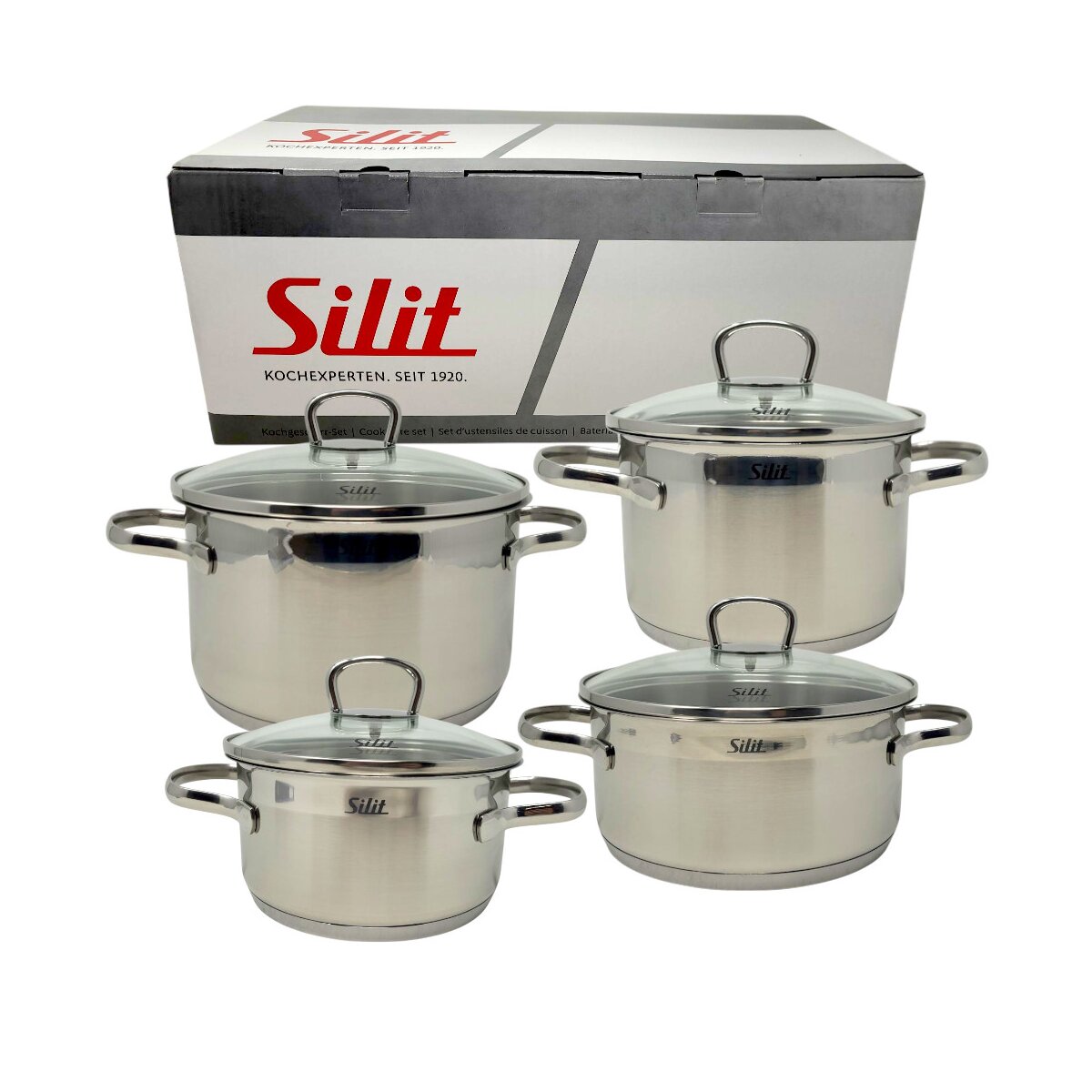 Silit Edelstahl Topf-Set Toskana 4-tlg. Schüttrand Glasdeckel teilmat ...